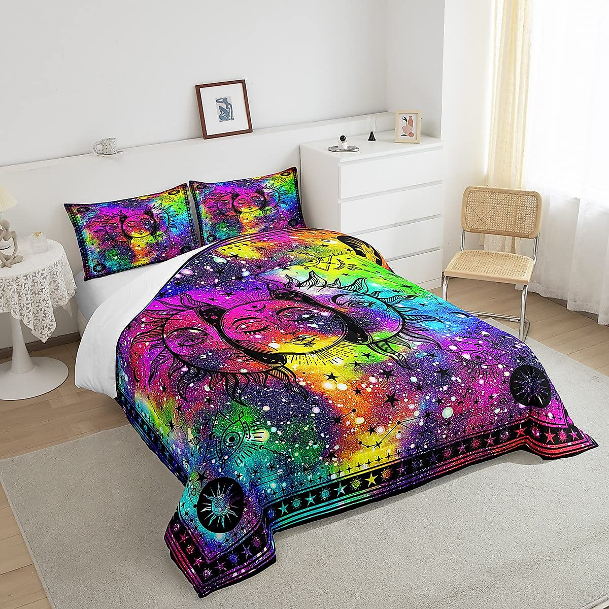 Erosebridal Bohemian Sun Moon Comforter Boho Hippie Bedding Set King 3 Piece Colorful Tie Dyed Comforter Sets Aesthetic Trippy Galaxy Duvet Set Psychedelic Mystic Stars Quilt Set for Kids Teens Adults