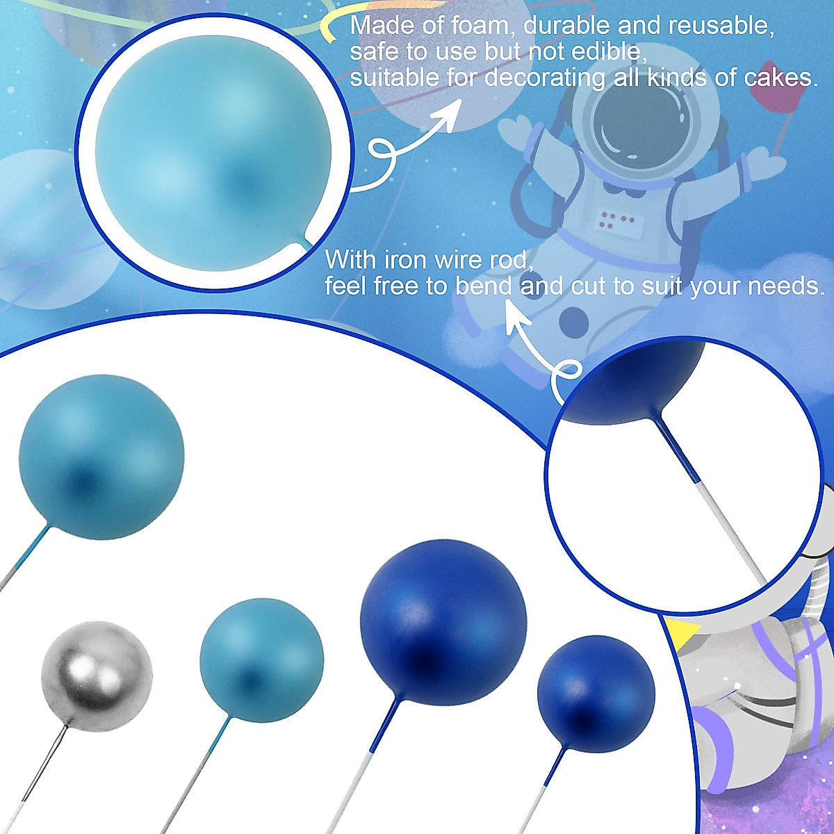 Acmee 115 PCS Ball Cake Toppers - Mini Balloon Cake Decorations Foam Ball Cupcake Picks DIY Cake Insert Toppers for Birthday Party Wedding Baby Shower (Blue, Silver)