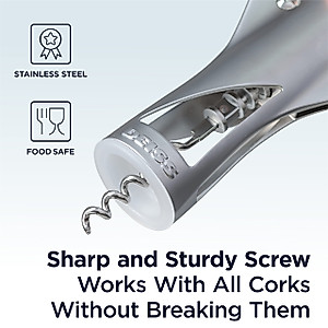 Deiss LUX Wine Opener, All-Metal Wing Corkscrew Wine Bottle Opener with Built-in Beer Bottle Opener - Ergonomic Cork Screw Wine Corker, Silver Matte Coating, Velvet Storage Pouch (SILVER)