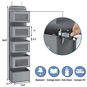 Fixwal Over the Door Hanging Closet Organizer Wall Mount Pantry Storage with 5 Large Pockets and Clear Window for Baby Nursery Bedroom Dorm Pantry Bathroom (Grey)