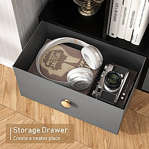 Unikito Book Shelf with 2 Drawers Free Standing Bookcase, Office Storage Shelf Organizer with 12 Open Bookshelf, Industrial Wood Book Case Display Rack for Bedroom, Living Room Home Office, Black