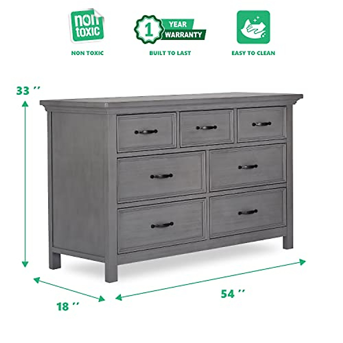 Evolur Belmar Double Dresser in Rustic Grey, Comes Assembled, Included Anti-Tip Kit, Seven Spacious Drawers, Dresser For Nursery, Bedroom, Wooden Nursery Furniture