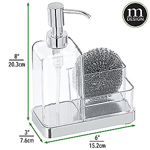 mDesign Plastic Kitchen Sink Countertop Hand Soap Dispenser Pump Bottle Caddy Organizer Holder with Storage for Bathroom - Holds Dish Sponge and Brushes - Omni Collection - Clear/Chrome