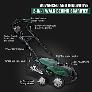 2-in-1 16" Walk Behind Scarifier, 15 Amp Electric Dethatcher Scarifier, Lawn Dethatcher for Yard Lawn Garden Care, Removable Collection Bag Extra Large 58QT (16 inch)
