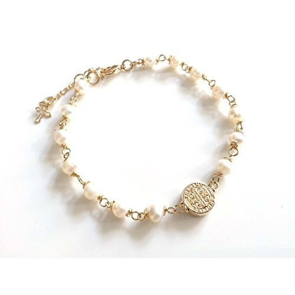 SIFRIMANIA Freshwater Cultured Pearls Catholic Image Adjustable Bracelet for Women Bride Jewerly (Saint Benedict Medal)