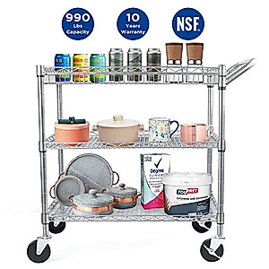 WDT Commercial Grade Heavy Duty Utility Cart 990Lbs Capacity, 3 Tier Wire Rolling Cart with Wheels, Metal Service Carts with Handle Bar,Shelving Liners,Hooks for Kitchen, Restaurant