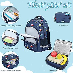 MIRLEWAIY Boys Backpack Purse Set Kids Space Rocket Printed School Bag 15.7 inch Multipocket Bookbag With Insulated Lunch Box And Coin Pouch, Dark Blue Rocket