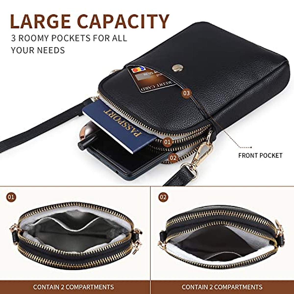 Crossbody Bag for Women Multi Pocket Shoulder Bag Leather Mobile Phone Bag Small Cross Body Purse with Adjustable Shoulder Strap Mobile Bag for Women