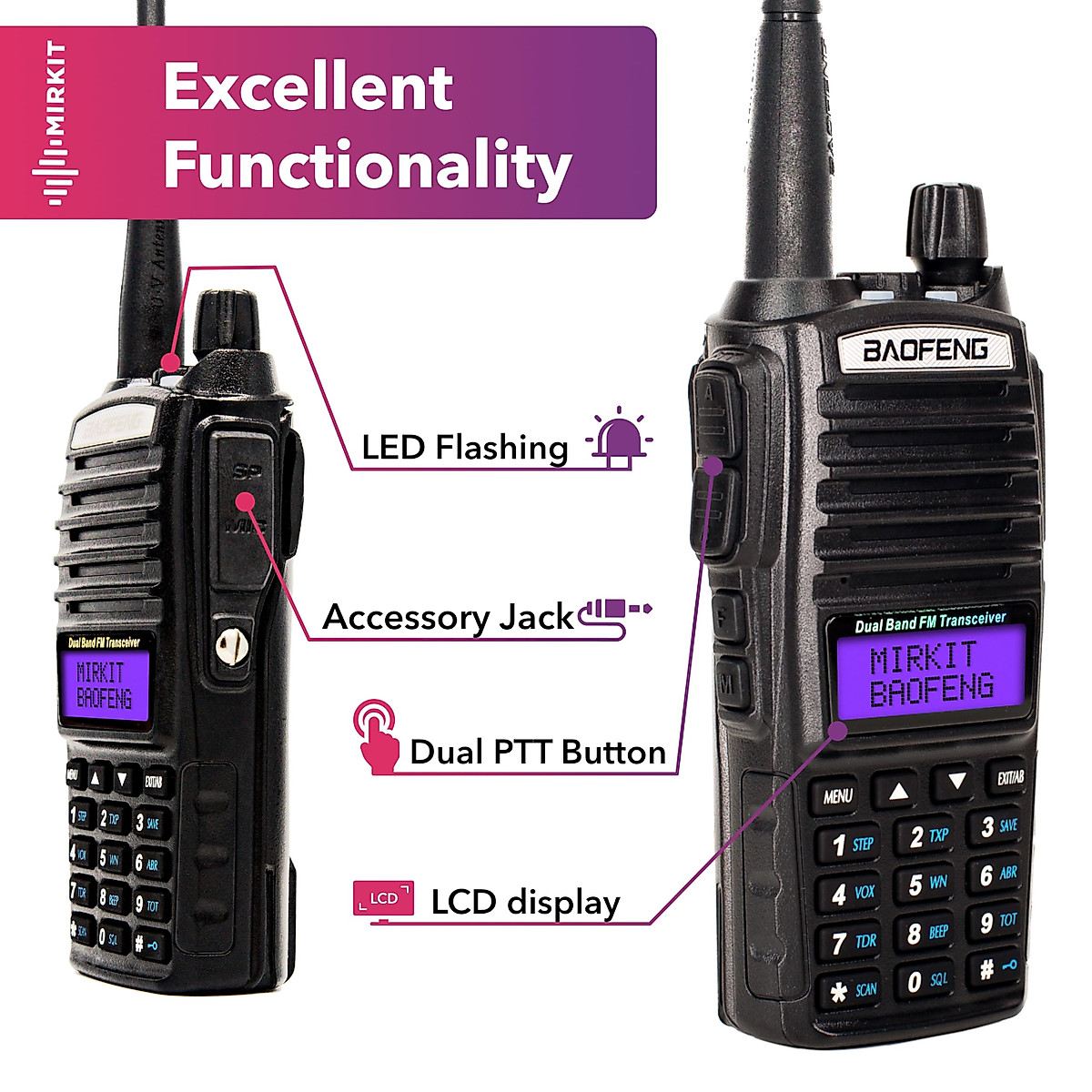 Mirkit Baofeng UV-82 MK5 8W Max Power 2024 Ham Radio VHF/UHF 144-148/420-450 mhz Two Way Radio with Baofeng Battery 2800 mAh - Tactical Radio & Mirkit Software for Walkie Talkies