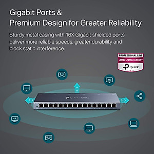 TP-Link 16 Port Gigabit Ethernet Network Switch | Desktop/ Wall-Mount | Lifetime Protection | Fanless | Sturdy Metal w/ Shielded Ports | Traffic Optimization | Unmanaged (TL-SG116) (Renewed)