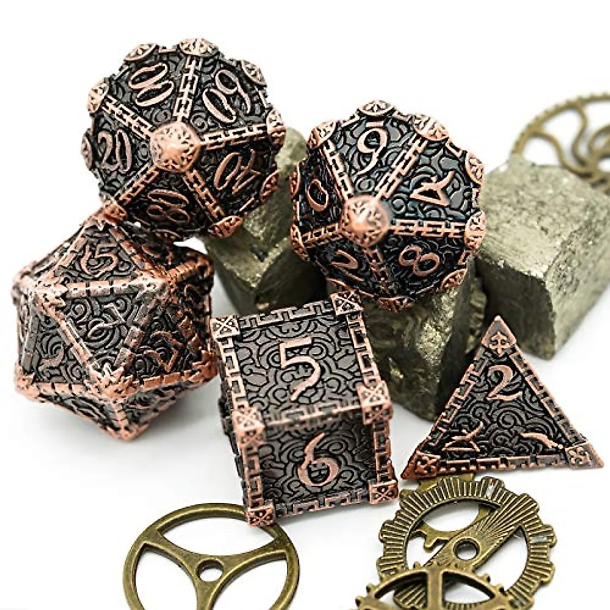 Cusdie Metal Dice with Metal Box, 7 PCs DND Metal Dice, Dagger Design Polyhedral Dice Set, for Role Playing Game D&D Dice MTG Pathfinder (Ancient Copper)