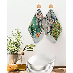 Onekaccu Christmas Dish Towels Set, Waffle Weave Kitchen Towels Microfiber Towels Cleaning Penguin Xmas Tree Snowflake Gray Painting Soft Absorbent Dish Drying Towels Hand Towels 2 Pack 12x12 in