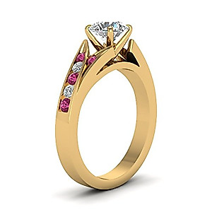 CustomizedGifts Channel Set Diamond Ring yellow gold plated Created Pink Sapphire Round shape Pink color Split Shank Engagement Ring channel Setting in Size 11 Handcraft Chakra Healing