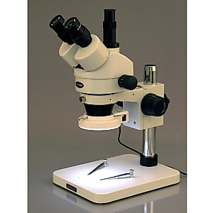AmScope SM-1TSZ-144S-5M Digital Professional Trinocular Stereo Zoom Microscope, WH10x Eyepieces, 3.5X-90X Magnification, 0.7X-4.5X Zoom Objective, 144-Bulb LED Ring Light, Pillar Stand, 110V-240V, Includes 0.5X and 2.0X Barlow Lenses and 5MP Camera with R