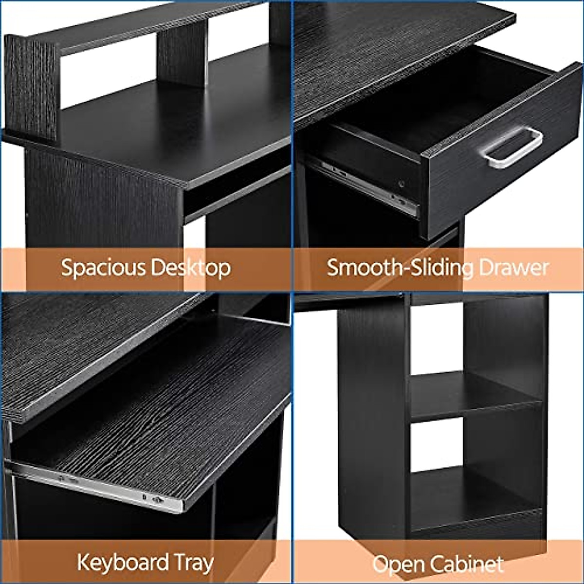 Yaheetech Home Office Wood Computer Desk with Drawers and Pull-Out Keyboard Tray, Study Writing Desk PC Laptop Table with Hutch and Storage Shelves, Modern Workstation, Black