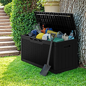 Greesum 100 Gallon Resin Deck Box Lockable Large Outdoor Storage Boxes for Garden Tools, Patio Furniture Cushions, Pool Supplies, Black