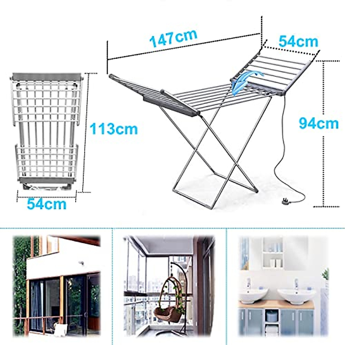 20 Bars Winged Electric Heated Clothes Airer - Energy-Efficient Indoor Horse Rack - Indoor Laundry Clothes Drying Rack - for Indoor Outdoor Home Laundry Room Apartment, Foldable