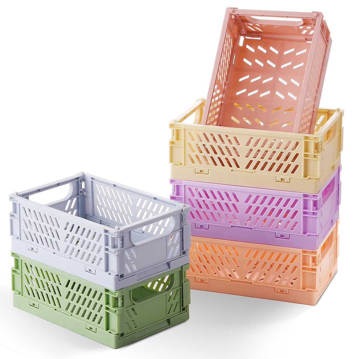 HUUSMOT 6-Pack Pastel Storage Crates, Mini Plastic Crates, Small Baskets for Organizing, Collapsible Storage Crates for Bedroom Decor Classroom Office Kitchen Home (5.8"x 3.8" x 2.2")