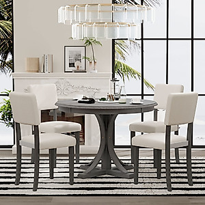 Round Dining Table Set for 4 5-Piece Kitchen Table and Chairs Small Wood Round Table with 4 Upholstered Chairs and Curved Trestle Legs Dining Room Breakfast Table Sets for Apartment, Grey
