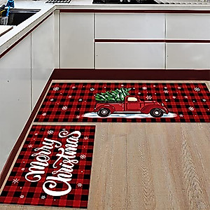 2 Piece Red Truck Kitchen Rug Set Merry Christmas Indoor Floor Mats for Winter, Xmas Door Mat Runner Rug Carpet Mat for Kitchen Home Decor (15.7" x 23.6"+15.7" x 47.2") - Red Black Buffalo Check Plaid
