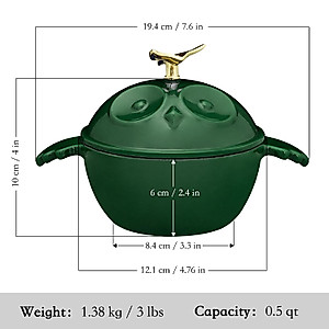Flavehc Mini Cocotte 16 oz Owl Shaped Mini Dutch Oven 0.5 qt Cast Iron Garlic Roaster for Oven Garlic Confit Pot Ramekins with Lids Oven Safe, Green