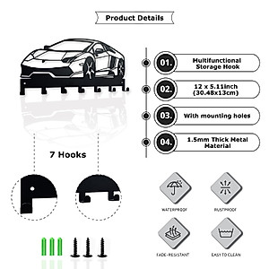 ShowMtheM Metal Key Holder for Wall, Metal Key Organizer Wall Decorative with 7 Hooks, Black Wall Mount Key Holder for Entryway Front Door Hallway Office (Car)