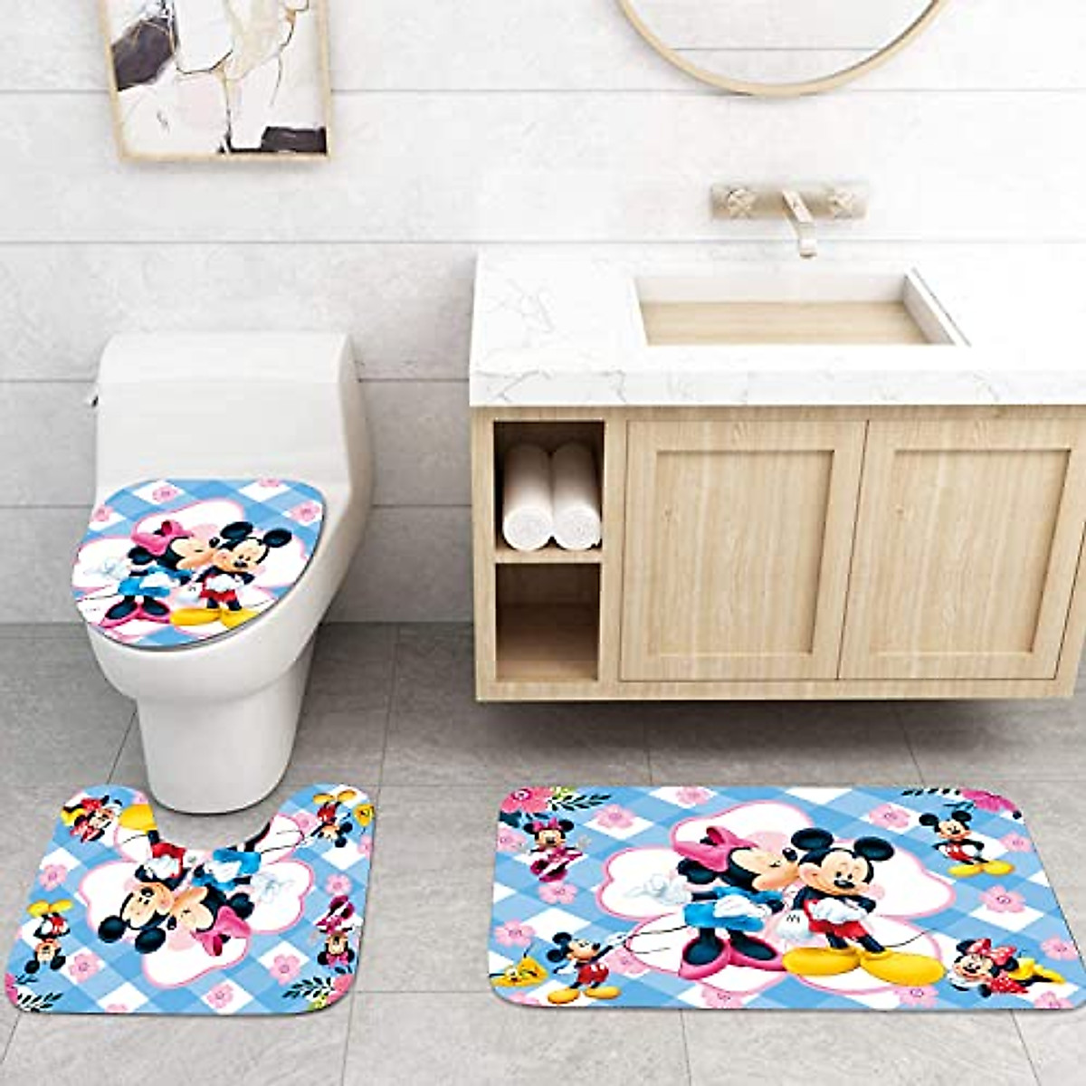YQPBZCHH 4 Pcs Cartoon Shower Curtain Sets with Non-Slip Rug,Toilet Lid Cover and Absorbent Carpet Bath Mat,Durable Waterproof Shower Curtain with 12 Hooks for Bathroom (A)