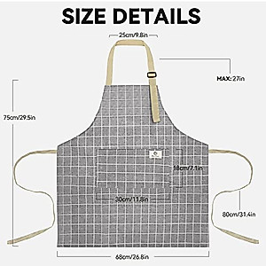 Riqiaqia 2 Pieces Aprons for Women with Pockets, Cotton Linen Waterproof Kitchen Cooking Aprons, Chef Apronfor Men Women with Adjustable Neck Strap and Long Ties(Grey/Green)