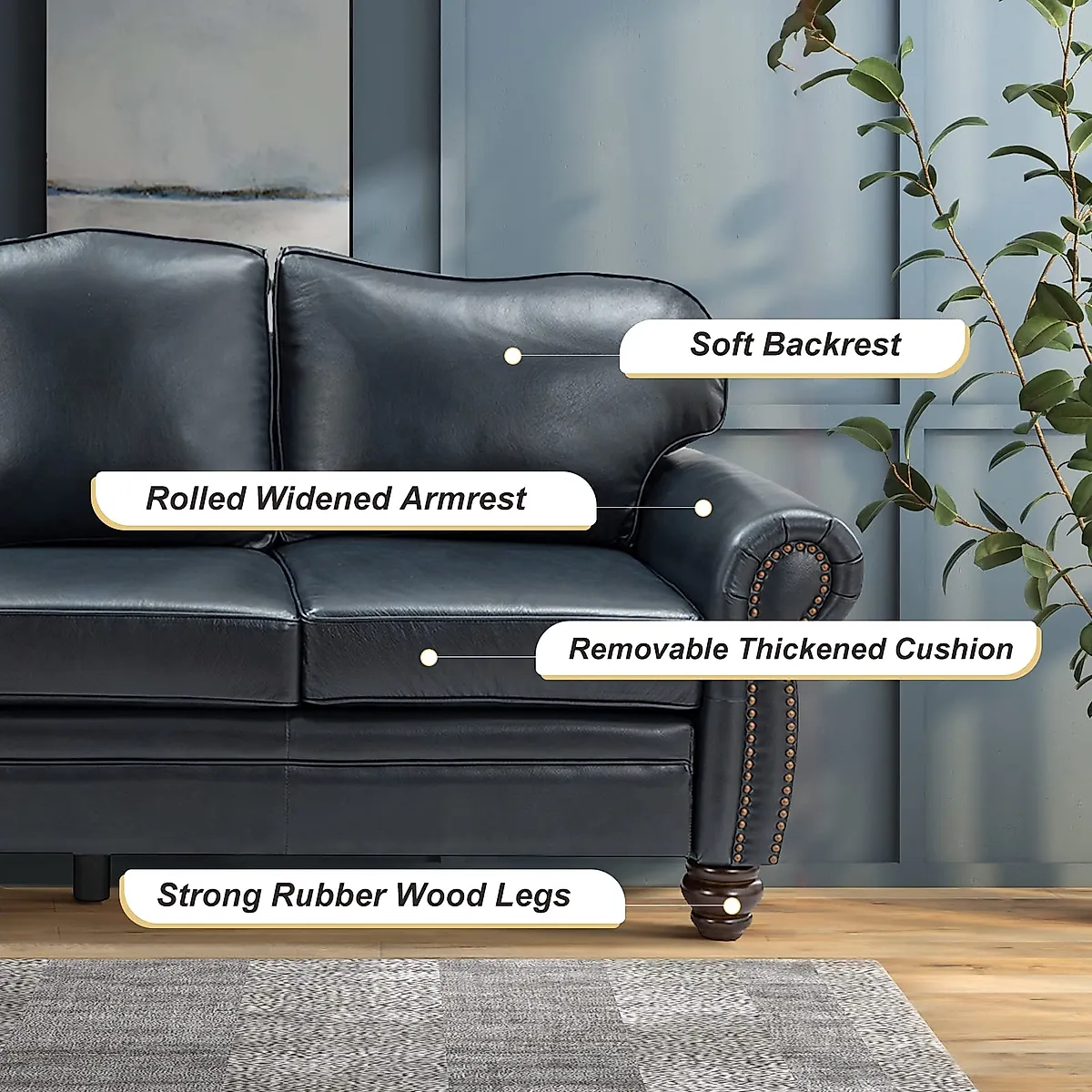 HULALA HOME 81'' Upholstered Leather Sofa with Removable Cushion, Mid-Century Modern Living Room 3-Seater Couch, Full Grain Leather Couch with Nailhead Trim and Rolled Arm for Bedroom Apartment, Navy