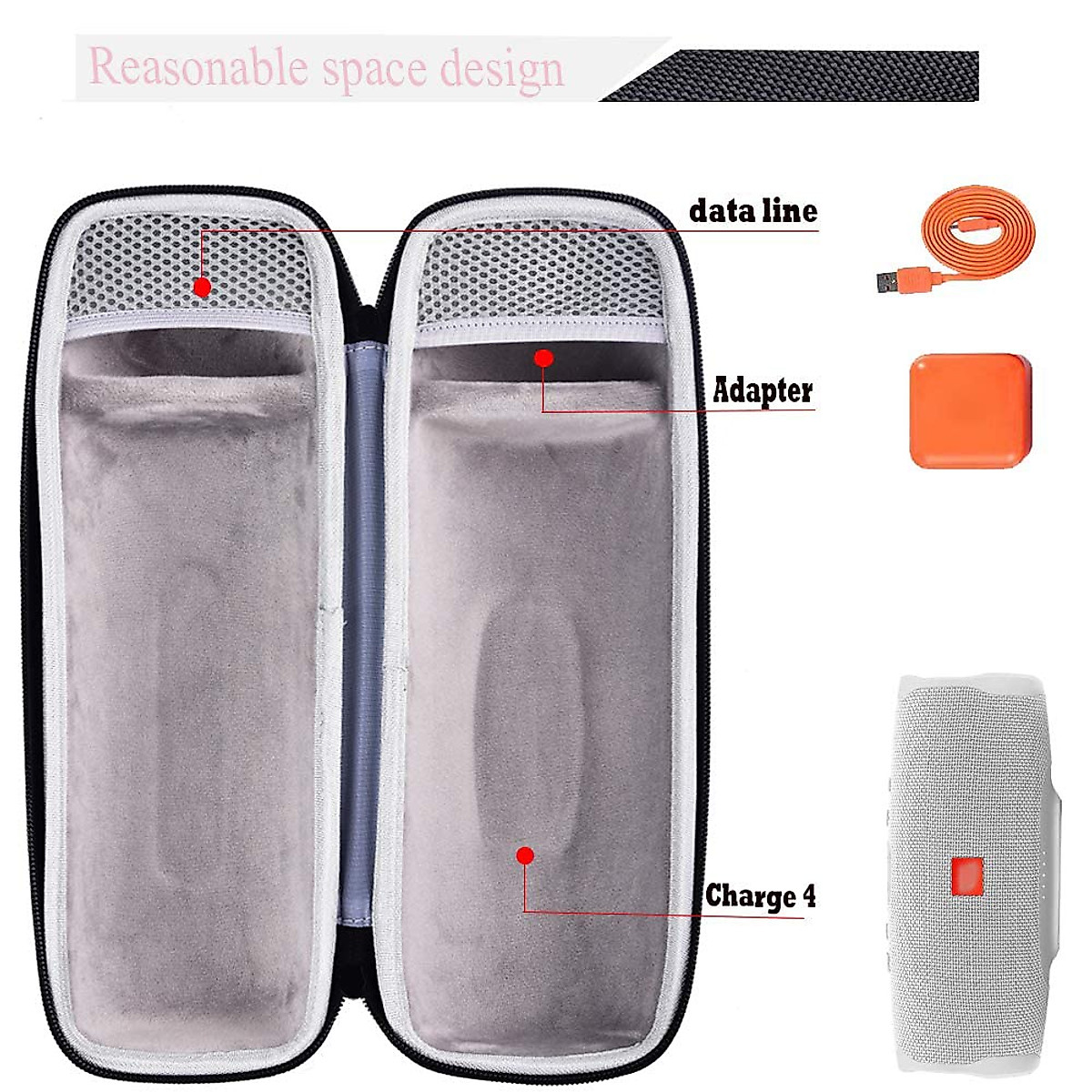 Case for JBL Charge 4 / Charge 5 / Pulse 4 Portable Waterproof Wireless Bluetooth Speaker [ Fits USB Plug and Cable & More ] - Black (Case Only)