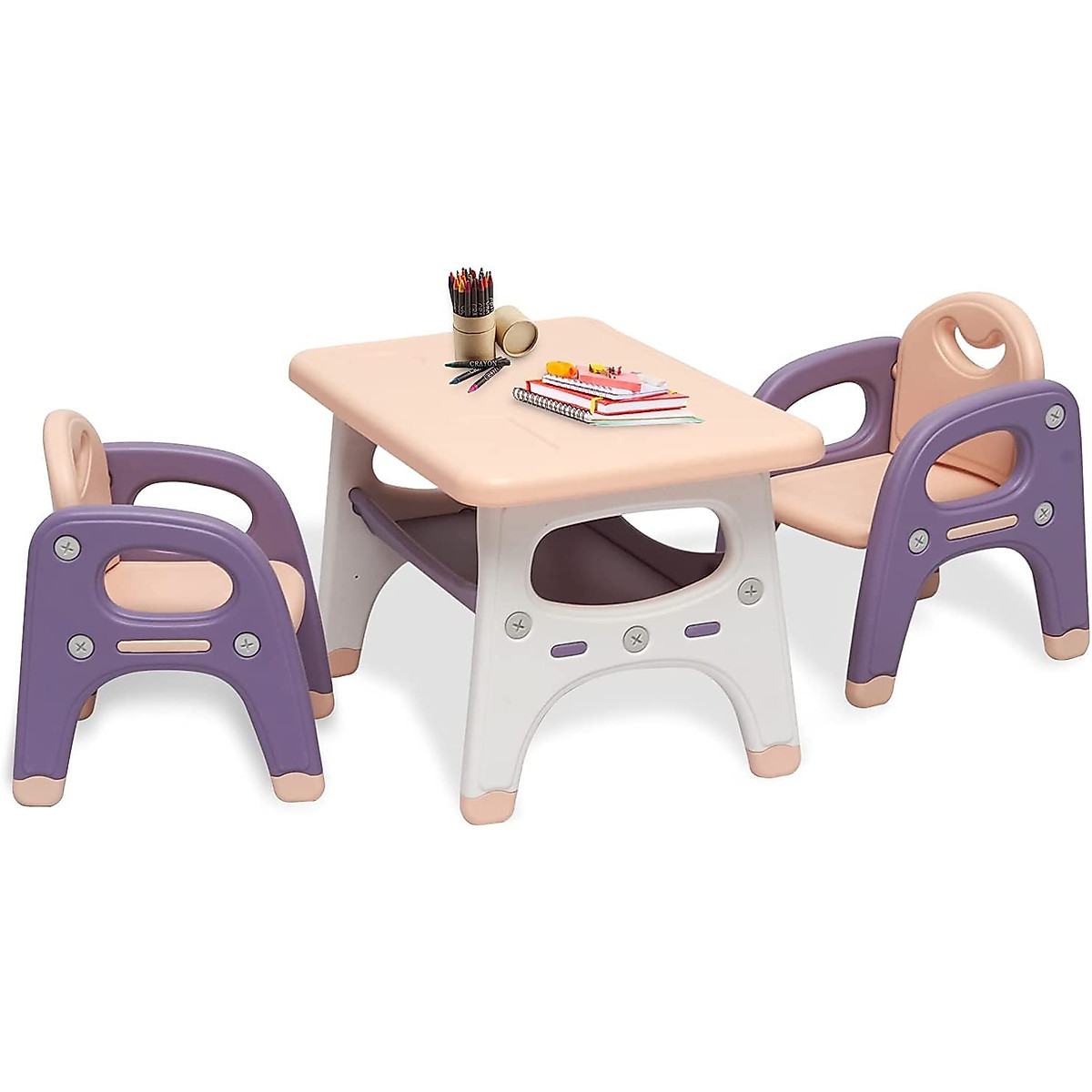 KINTNESS Kids Table and 2 Chair Set - Activity Table with Storage Shelf for Children, Toddler Table & Chair Set for Kindergarten (Pink + Purple)