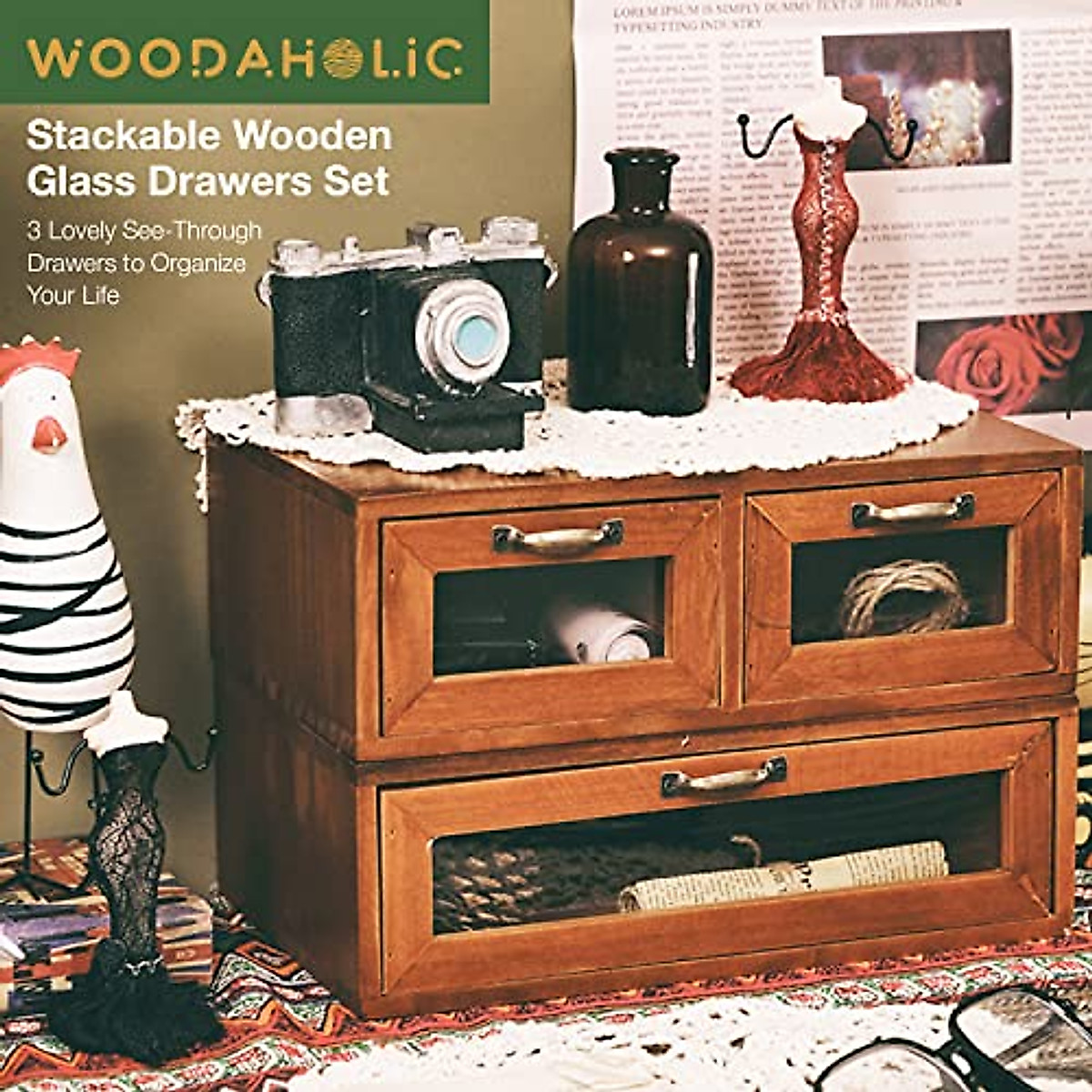 2-pc Stackable Storage Drawers - See-Through Glass Wooden Storage Cabinets - 2-Level Desktop Organizing Cabinet with 3 Drawers - Solid Wood Storage Box with Glass & Metal Handles…