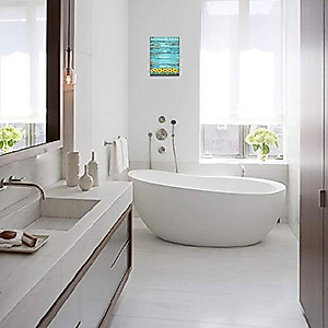 Bathroom Rules Wall Decor Sunflower Canvas Wall Art Yellow Sunflower Pictures Canvas Prints for bathroom Wood Teal Wooden Planks Background Wall Decor Canvas Art Prints Artwork for Walls Ready to Hang