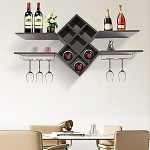 Gdrasuya10 Wine Rack Display Sets Wall Mounted, Set of 5 Wine Rack Shelves Liquor Storage Rack Wine Bottle Holder Shelf Set with Goblet Rack Multifunctional Rack (Black)