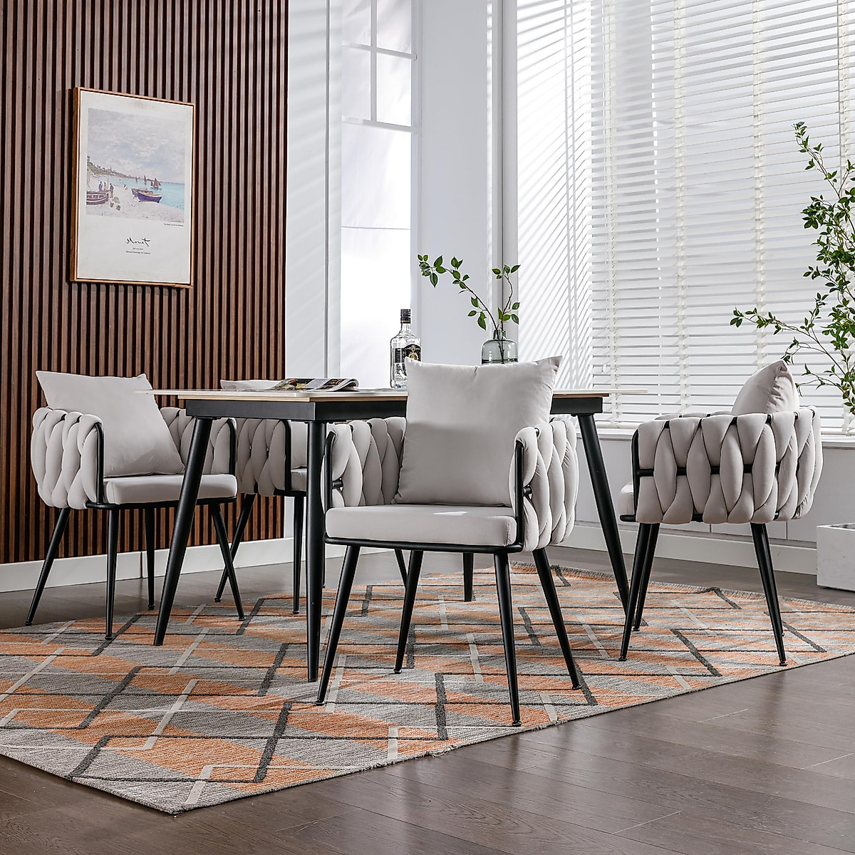 Gecheer Pure Ivory Modern Velvet Dining Chairs Set of 2 Hand Weaving Accent Chairs Living Room Chairs Upholstered Side Chair with Black Metal Legs for Dining Room Kitchen Vanity Living Room