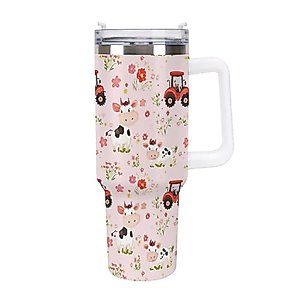 Farm Truck Red Tractor Tumbler with Handle Travel Mug Water Bottle Tea Coffee Cup White-style