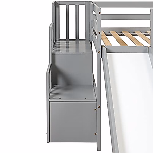 HomSof Twin Loft Bed with Slide Staircase Storage,Full-Length Safety Guardrails for Junior Boys Girls,No Box Spring Needed,Grey