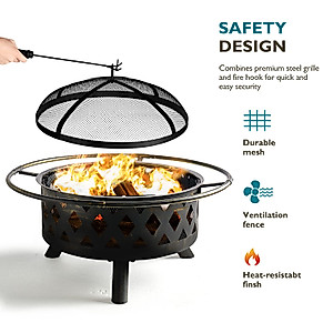 Breezestival 30 inch Fire Pits for Outside with Grill Outdoor Wood Burning with Removable Cooking Swivel BBQ Grill, Cover & Fire Poker for Backyard Bonfire Patio(Black)