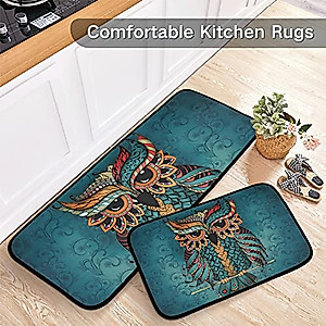 BOENLE Dark Colored Owl Kitchen Rugs and Mats Non Skid Washable Kitchen Rug Set 2 Piece Carpet Ergonomic Comfort Standing Mat for Kitchen,Bathroom, Laundry