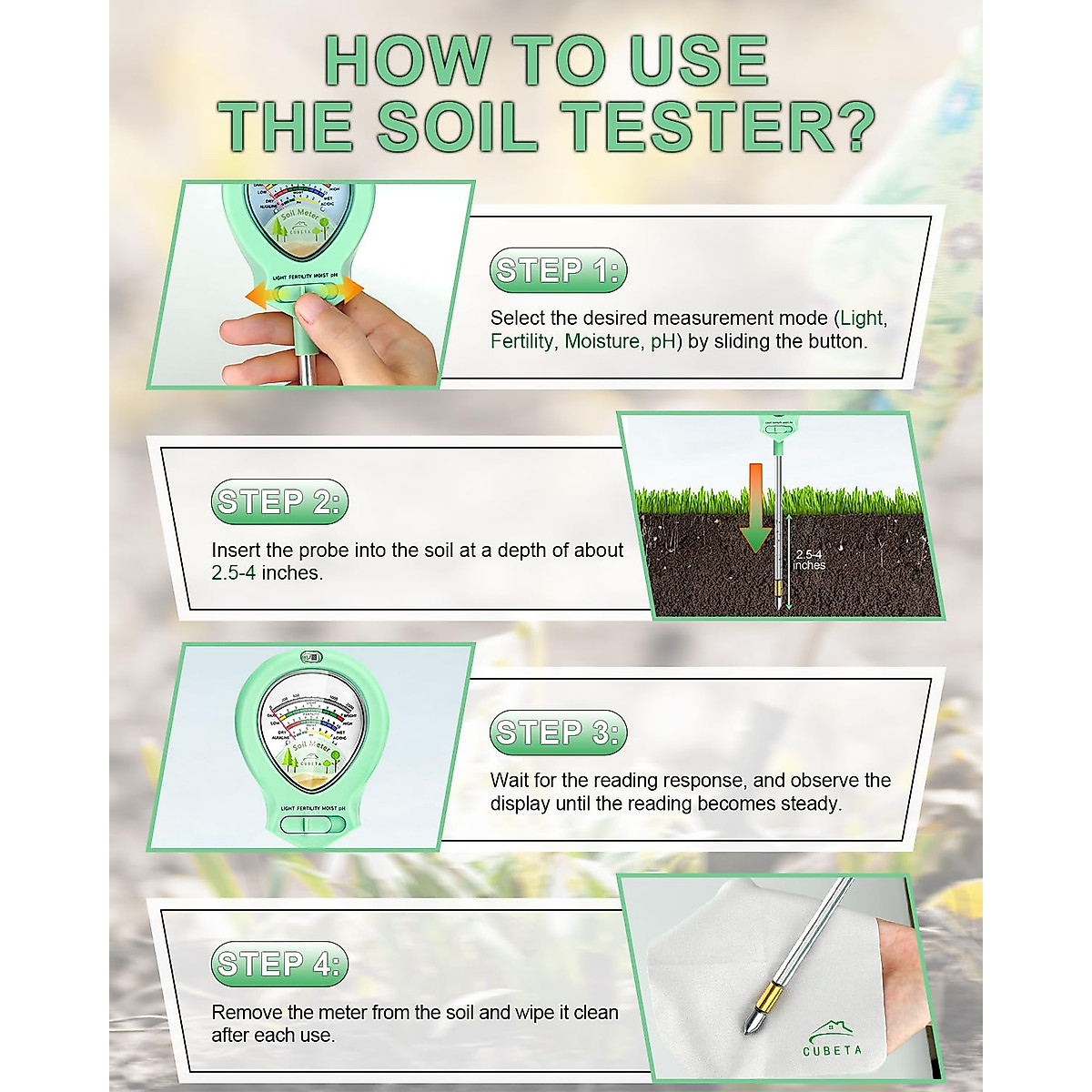 CUBETA 2024 Upgraded Soil Moisture Meter for Plants, Soil pH Meter, 4-in-1 Soil Tester for Light/Moisture/pH/Fertility, Plant Water Meter for Garden, Lawn, Greenhouse, Indoor & Outdoor