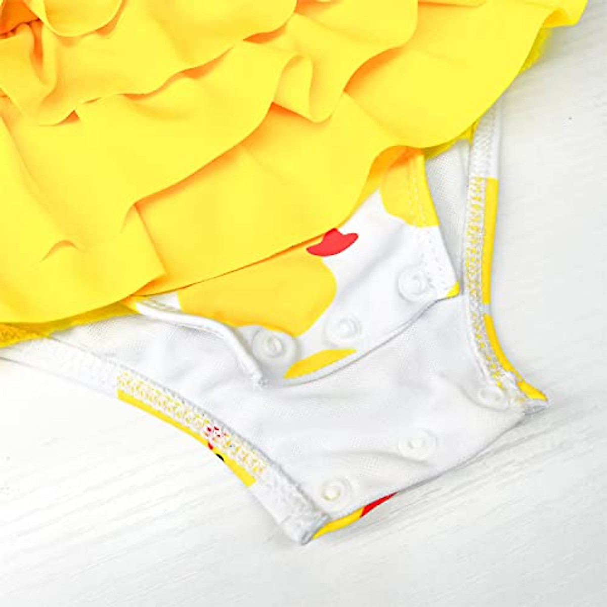 WINZIK Baby Girls One Piece Swimsuit Cute Duck Print Toddler Kids Swimwear Beachwear Bathing Suit Summer Clothes with Hat (12-18 Months, Yellow)