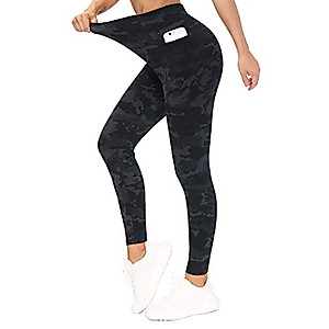 THE GYM PEOPLE Tummy Control Workout Leggings with Pockets High Waist Athletic Yoga Pants for Women Running, Fitness (BlackGrey Camo, Large)