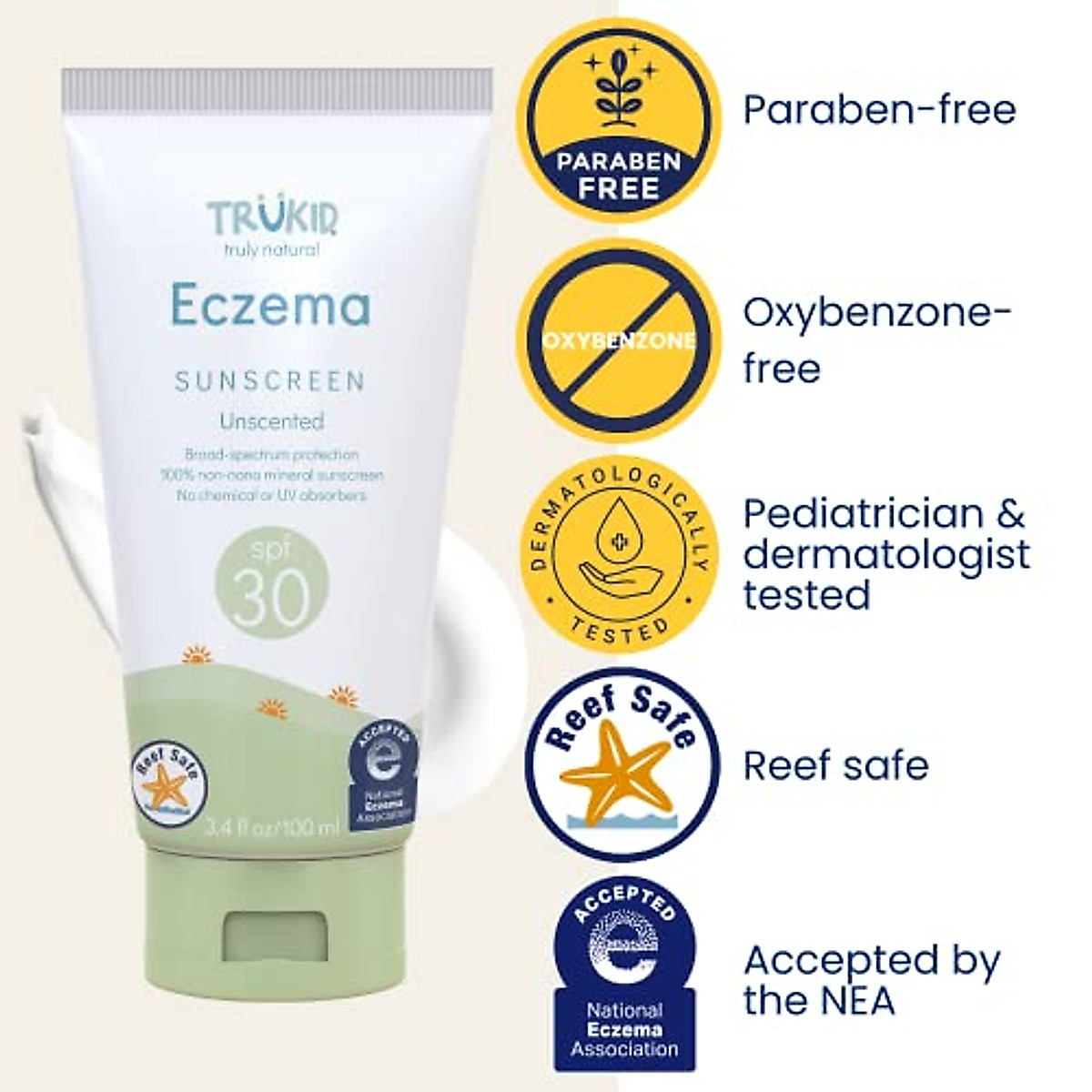 TruKid Eczema SPF 30+ Sunscreen - UVA/UVB Protection for Sensitive and Irritated Skin, Unscented, NEA-Approved for Eczema, Reef Safe, Planet-Friendly, Non-Nano, 3.4 oz