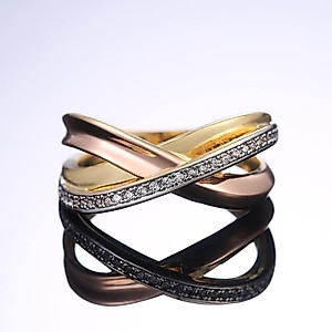 925 Sterling Silver Women's Fashion Tricolor Geometric Line Cross Ring in 18K Rose Gold Ring Sparkling Full Diamond Ring Multi Row Cross Ring Eternity Engagement Wedding Rings Sizes 6-10 562 (7)