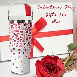 HOWSEESNOW 30oz Valentines Insulated Tumbler with Handle and Straw, Leak Proof Travel Coffee Mug, Reusable Stainless Steel Heart Tumbler, Valentines Gifts for Her