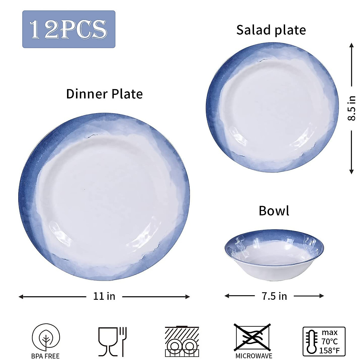 Melamine Dinnerware Sets- 12pcs Melamine Plates and Bowls Set for 4, Suitable for Indoor and Outdoor Use, Blue