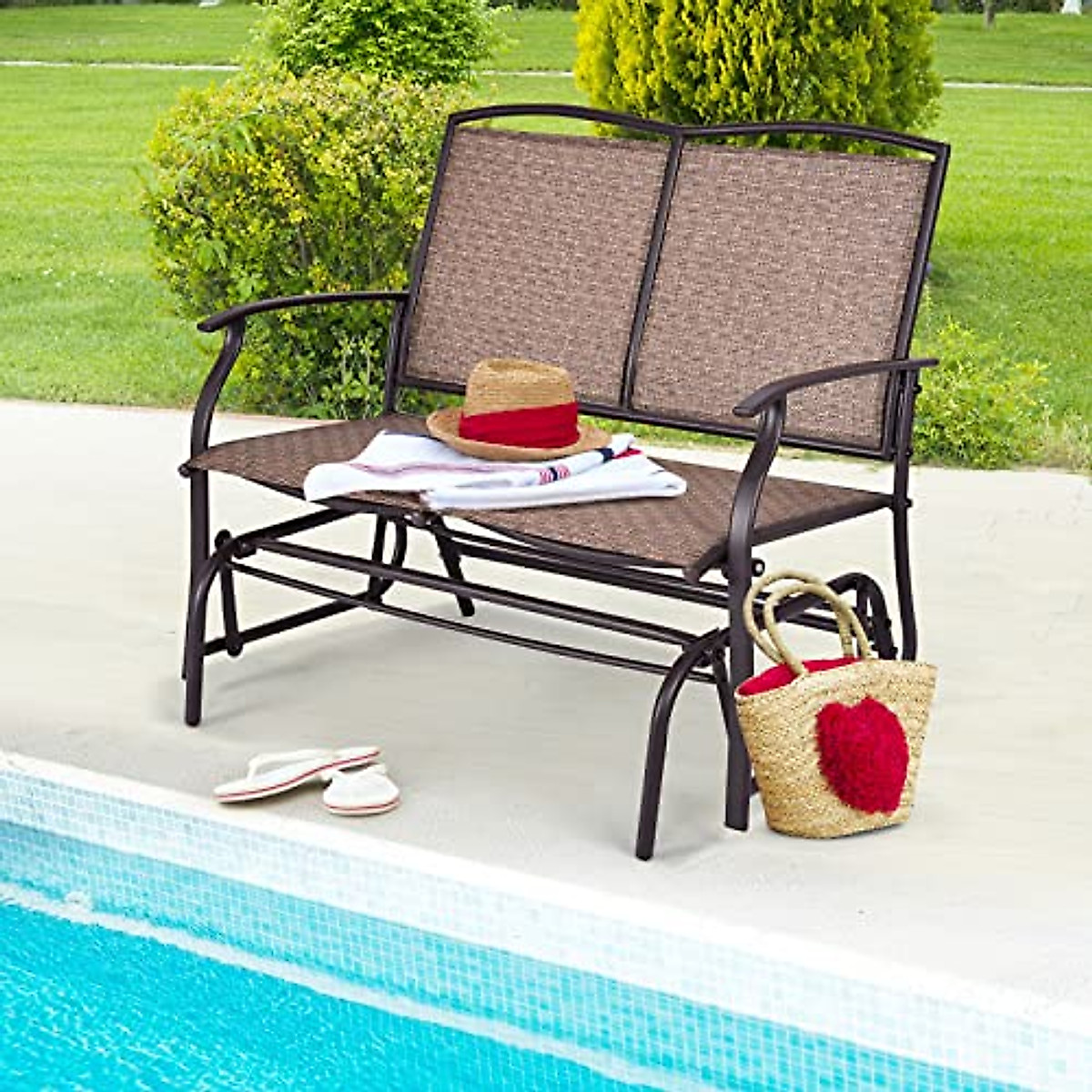 Tangkula 2-Person Patio Glider Bench, Outdoor Rocker Glider Loveseat Chair W/Heavy-Duty Steel Frame, Breathable Seat Fabric, Rocking Lounge Chair for Poolside, Garden, Backyard (Brown)