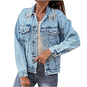 Women's Jean Jacket Rhinestone Tassel Denim Jackets Fashion Diamond Crystal Fringe Button Cropped Trucker Jackets