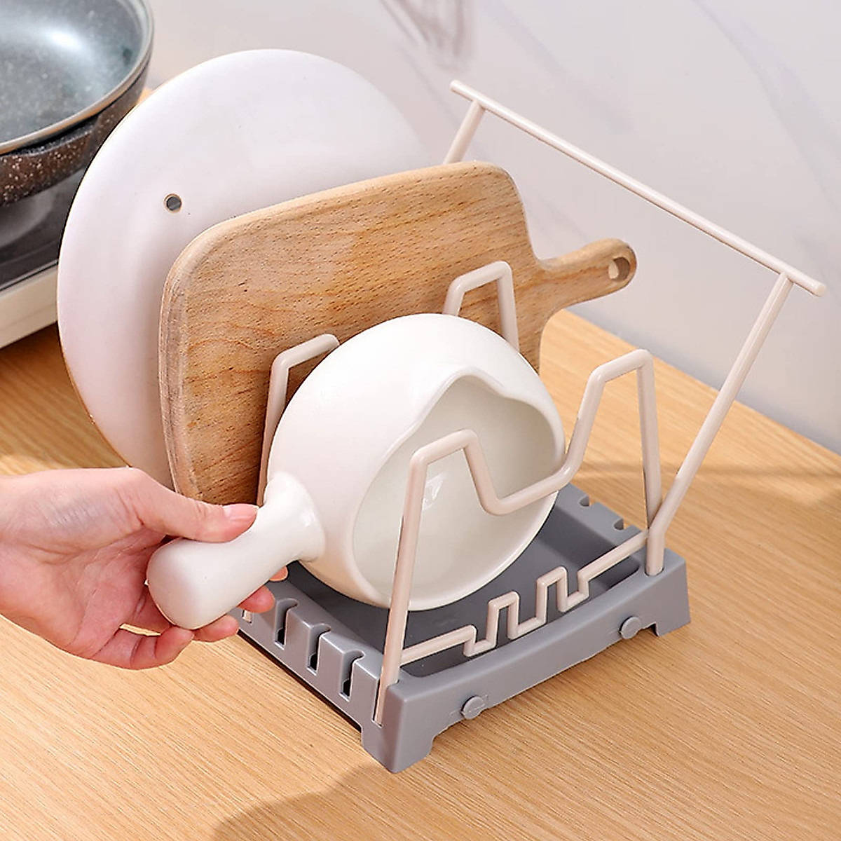 Orenic Pot Lid Organizer, Multifunction Pot Lid Holder Rack for Cabinet, Space Saving Pan Organizer with Non-slip Base for Kitchen Storage (B)