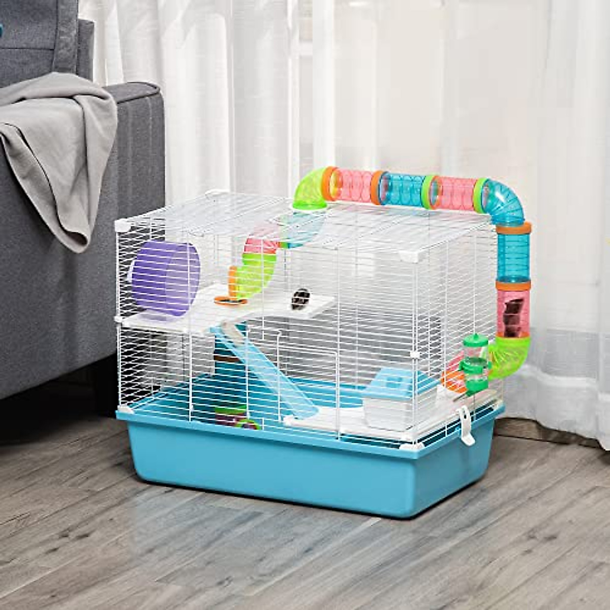 PawHut 3-Tier Large Hamster Cage with Tubes and Tunnels, Portable Carry Handles, Toy-Filled Steel Small Animal House, Includes Exercise Wheel, Water Bottle, Food Dish, 23" x 14" x 18.5", Light Blue